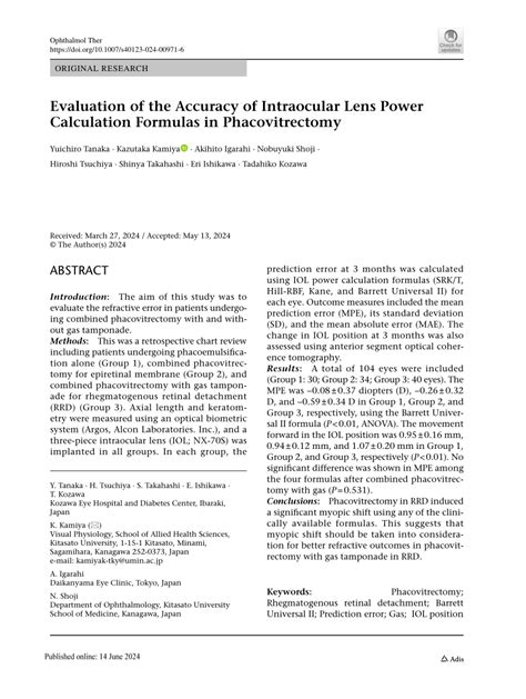 Pdf Evaluation Of The Accuracy Of Intraocular Lens Power Calculation Formulas In Phacovitrectomy