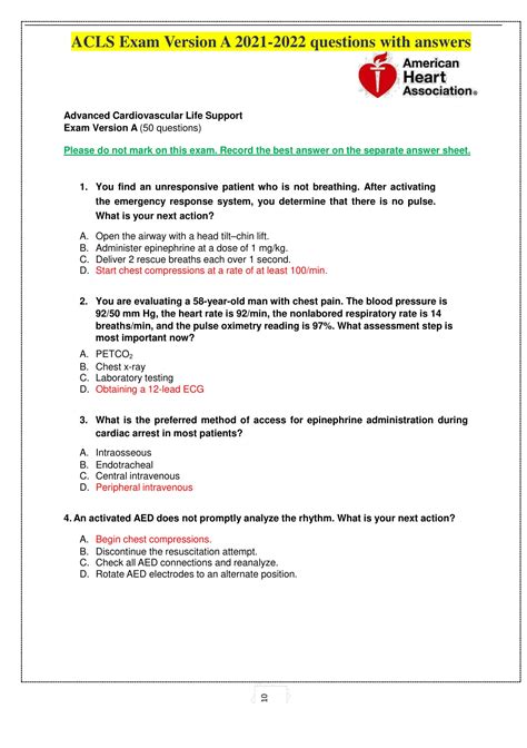 ACLS Exam Version A Questions With Answers Stuvia US