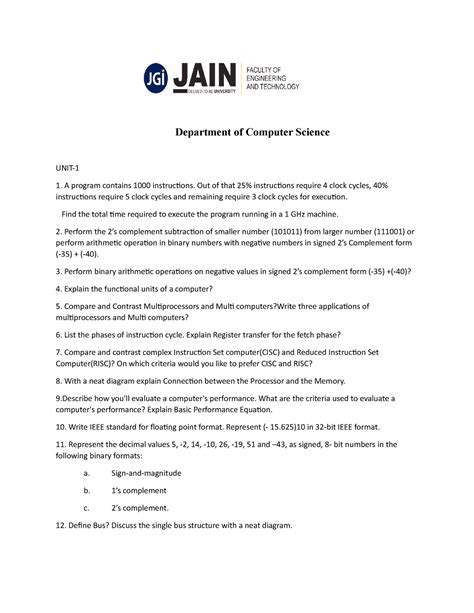 Computer Organization Qn Bank Department Of Computer Science Unit A