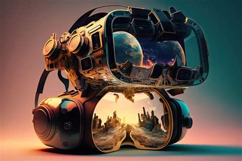 Advanced Virtual Reality Helmet With Gadgets And Cameras Vr Headset Double Exposure Stock