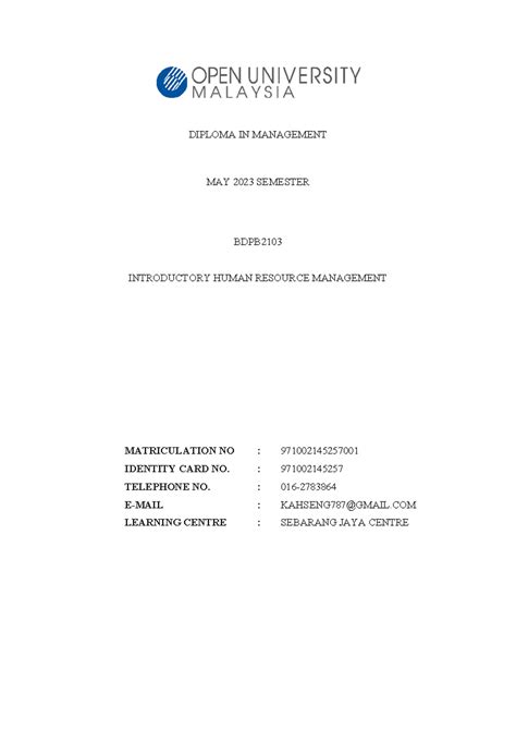 Assignment Bdpb2103 May 2023 Lee Kah Seng Diploma In Management May