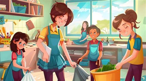 Premium Photo Teacher And Students Cleaning Up The Classroom Together