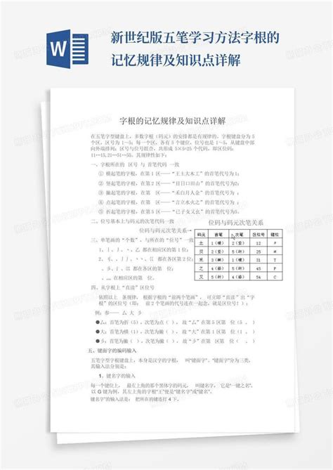 新世纪版五笔学习方法字根的记忆规律及知识点详解word模板下载 编号qxyamyjx 熊猫办公