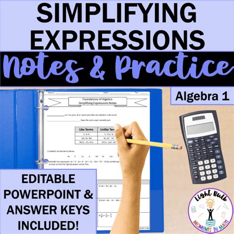 Simplifying Algebraic Expressions Guided Notes And Worksheet Editable Light Bulb Moments In Math