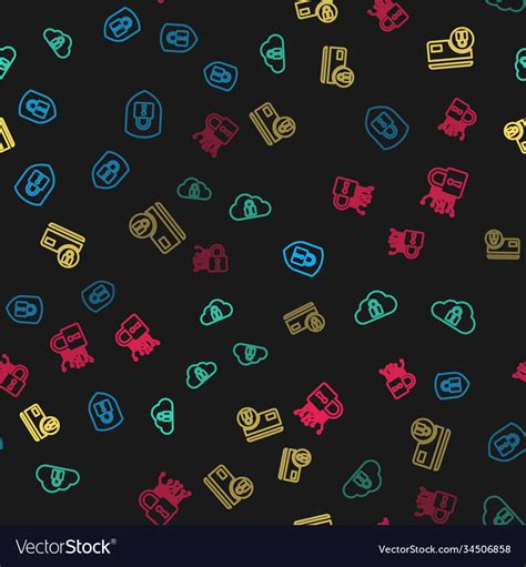 Set Line Shield Security With Lock Cloud Vector Image