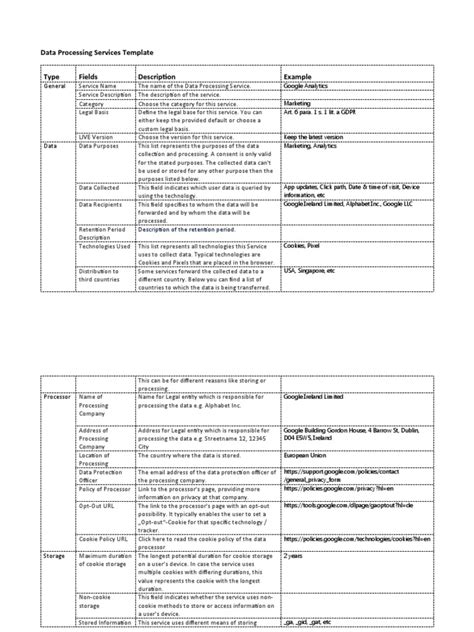 Data Processing Services Template For Legal Pdf Cookie Data