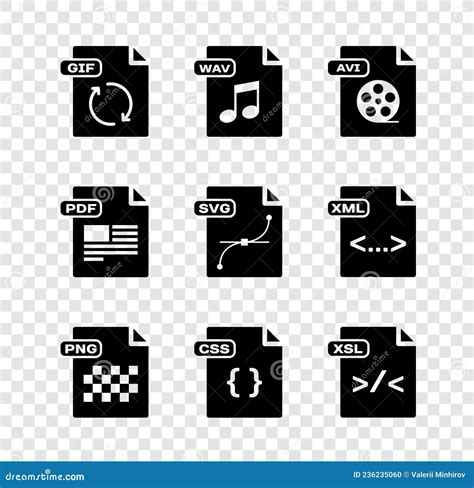 Set  File Document Wav Avi Png Css Xsl Pdf And Svg Icon Vector Stock Vector