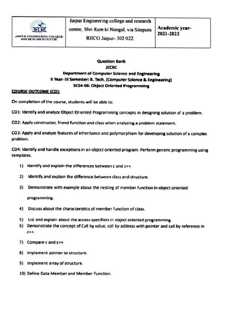 Question Bank Oops Pdf Subroutine Object Oriented Programming