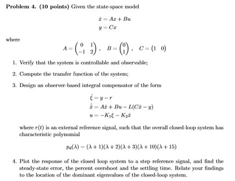 Solved Problem 4 10 Points Given The State Space Model