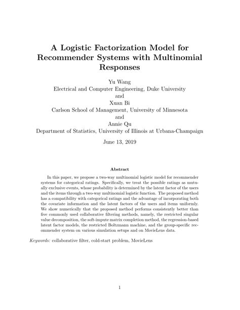 pdf a logistic factorization model for recommender systems with multinomial responses