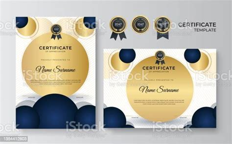 현대 블루 와 골드 인증서 템플릿 수상 비즈니스 및 교육을 위한 배지가 설정된 디플로마 인증서 테두리 템플릿 감탄에 대한 스톡