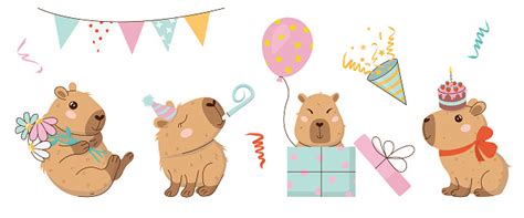 생일 파티에서 풍선 케이크 선물 색종이 조각과 함께 귀여운 카피바라를 특징으로 클립 아트의 평면 스타일로 설정된 축제 벡터 인쇄 카드 초대장 휴일 디자인에 적합합니다 생일