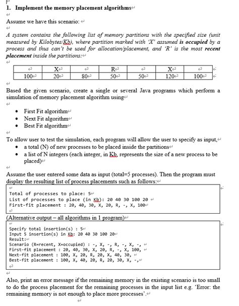 Solved 1 Implement The Memory Placement Algorithms Assume