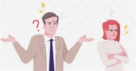 커플 다툼 평면 벡터 일러스트 레이 션입니다 가족 말다툼 관계의 위기와 오해 화난 여자 혼란에 빠진 남자는 흰색 배경에 윤곽선 요소를 가진 만화 캐릭터를 고립시켰다