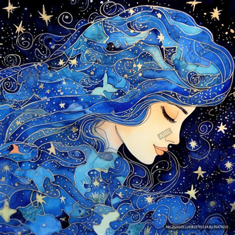 Ai创作图蓝色空间美人鱼 星座系列插画 星座数码印花 蓝色系女孩手绘 水瓶座插画 水瓶星座插画 人鱼公主插画 蓝色女孩插画 天瓶座插画 月亮仙女插画 蓝色星空贴画 水瓶座印花 宇宙女孩插画