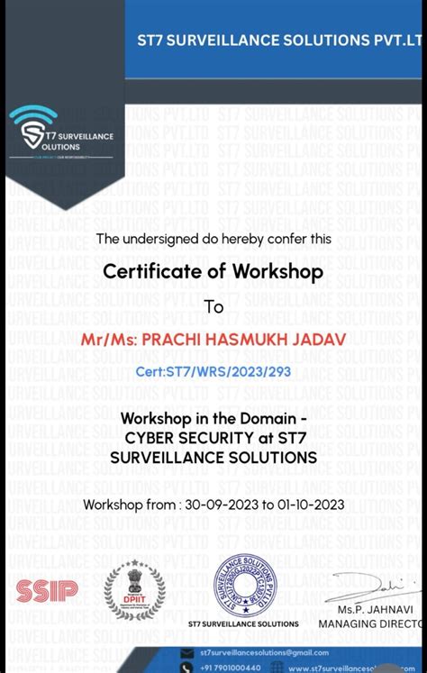 Prachi Jadav On Linkedin Cybersecurity Workshopcompletion St7surveillance Learningandgrowth…