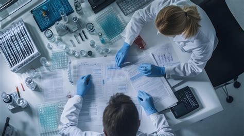 Two Scientists In Lab Coats Analyzing Data Sheets Premium Ai