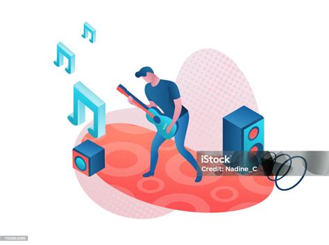 기타 플레이어 3d 아이소메트릭 인포 그래픽 그림 축제에서 록 음악을 재생 하는 사람 콘서트 쇼 포스터 템플릿 색상 아이콘 3