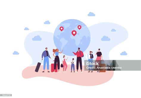 가족 관광 및 글로벌 여행 개념 벡터 플랫 피플 일러스트레이션 지도 핀 배경과 행성 지구에 수하물을 가진 아이와 부모의 다민족 문자의 그룹 가족에 대한 스톡 벡터 아트 및