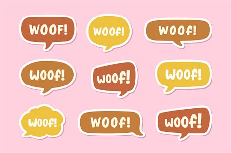 말풍선 풍선 세트에 있는 우프 텍스트 디지털 스티커 디자인 귀여운 만화 만화 개 짖는 소리 효과와 글자 질감 벡터 그림입니다 Onomatopoeia에 대한 스톡 벡터 아트