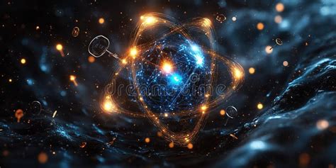 Visual Representation Of An Atom In A Cosmic Background With Glowing Particles And Vibrant