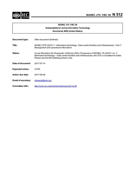 Iso Iec Jtc 1 Sc 39 N 512 Isoiec Dts 22237 7 Information Technology Data Centre Facilities