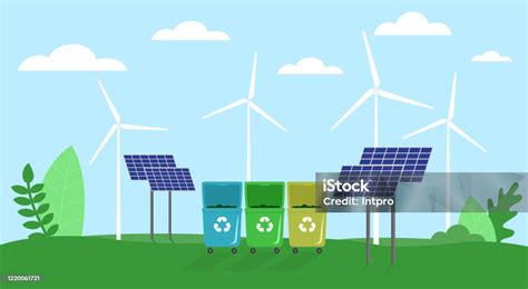 에코 시티 첨단 기술 재활용 폐기물의 개념 환경 절약 태양 전지패널 쓰레기 통 및 풍력 터빈을 갖춘 대체 에너지원 만화 플랫 스타일입니다 벡터 일러스트레이션 감소에 대한