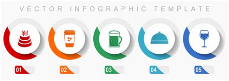 음식 및 음료 아이콘 세트 생일 케이크 커피 맥주 및 음료 플랫 디자인 벡터 인포그래픽 템플릿 5가지 색상 옵션의 웹 버튼과