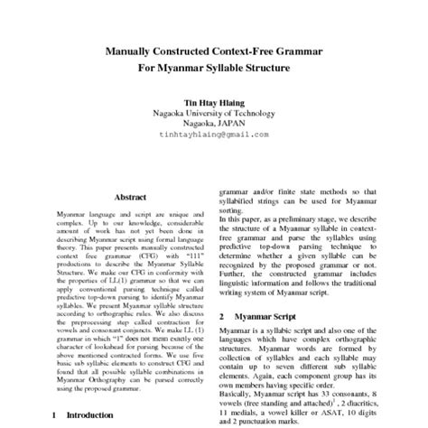 Manually Constructed Context Free Grammar For Myanmar Syllable Structure Acl Anthology