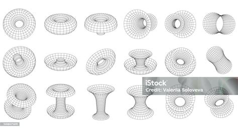 추상적인 이상한 와이어프레임 3d 모양 토러스 블랙홀 파이프 깔때기 왜곡된 그리드 3d 메쉬 80년대 사이버펑크 스타일의 다양한 벡터 그래픽 디자인 요소 집합입니다 원환체에