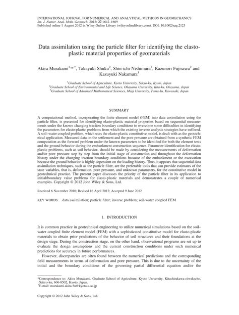Pdf Data Assimilation Using The Particle Filter For Identifying The Elasto Plastic Material