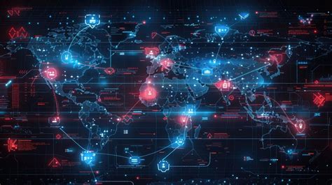 Global Cyber Threat Map A Hightech Map Showing Realtime Global Cyber Threats With Red Lines