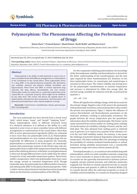 Pdf Polymorphism The Phenomenon Affecting The Performance Of Drugs