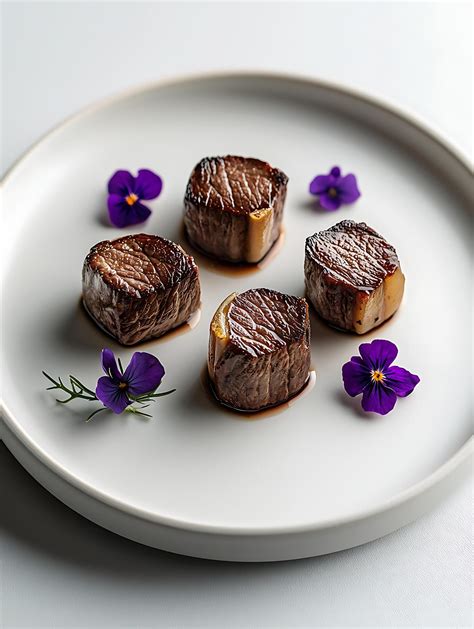 Four Seared Beef Medallions With Edible Purple Flowers On White Plate