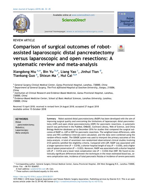 Pdf Comparison Of Surgical Outcomes Of Robot Assisted Laparoscopic Distal Pancreatectomy