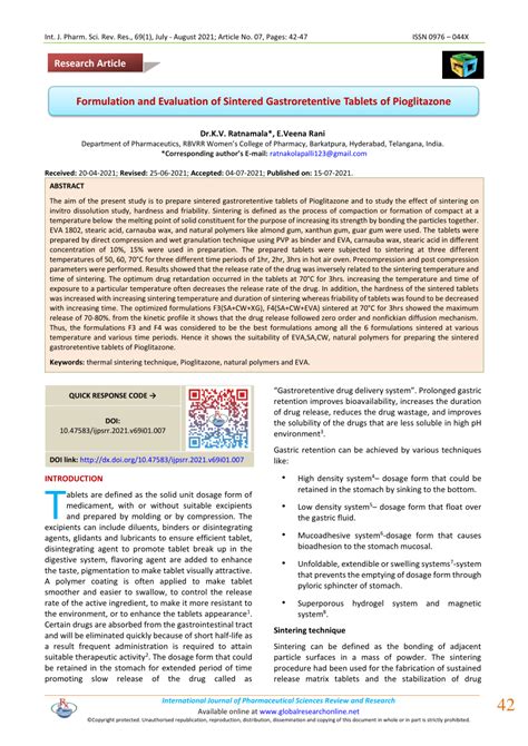 Pdf Formulation And Evaluation Of Sintered Gastroretentive Tablets Of Pioglitazone