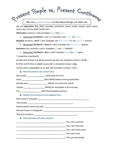 Present Simple Vs Present Continuous Pdf Verb Syntax