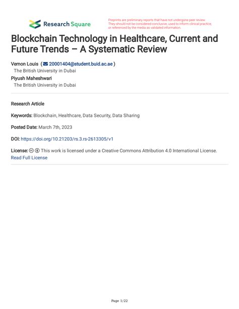 Pdf Blockchain Technology In Healthcare Current And Future Trends A Systematic Review