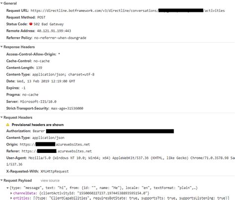 Botframework Directline Web Chat Channel Error Status Code