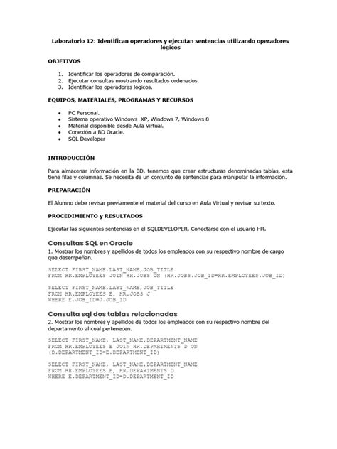 Ci Iv Abd Lab 12 Sql En Esquema Hr De Oracle Pdf Sql Informática