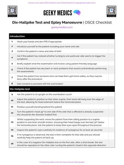 Dix Hallpike Test And Epley Manoeuvre Osce Checklist Geeky Medics Pdf