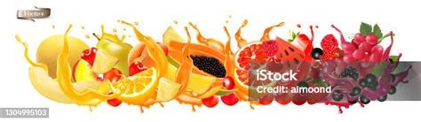 주스 스플래시 파노라마의 과일 딸기 라즈베리 블루베리 블랙베리 오렌지 구아바 유자 포도 수박 꿀 멜론 망고 복숭아 벡터 건강한 식생활에 대한 스톡 벡터 아트 및 기타 이미지