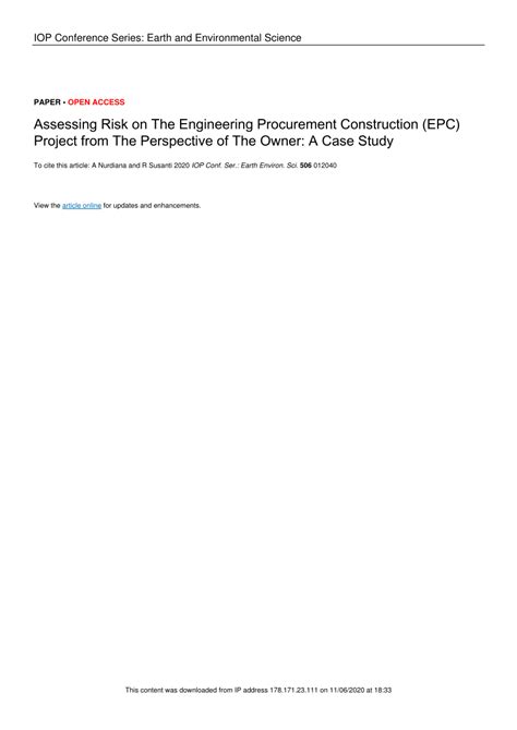 Pdf Assessing Risk On The Engineering Procurement Construction Epc Project From The