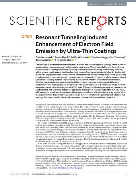 Pdf Resonant Tunneling Induced Enhancement Of Electron Field Emission By Ultra Thin Coatings