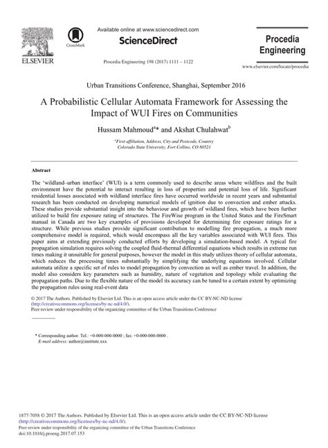 PDF A Probabilistic Cellular Automata Framework For Assessing The Impact Of WUI Fires On
