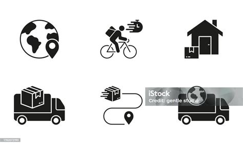 급행 수송 실루엣 아이콘 세트 전세계 배송 글리프 픽토그램 자전거 배달 집으로 솔리드 사인 상자 구획 기호 집합 고립된 벡터 삽화 거리에 대한 스톡 벡터 아트 및 기타