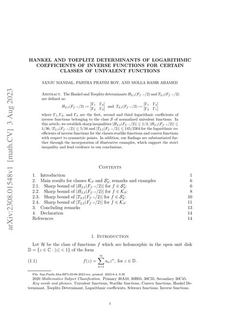 PDF Hankel And Toeplitz Determinants Of Logarithmic Coefficients Of Inverse Functions For
