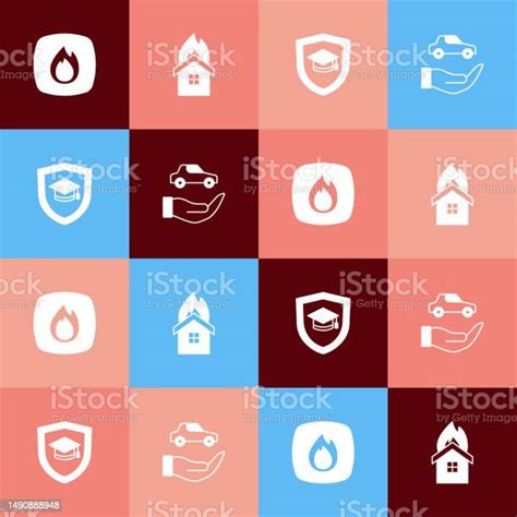 팝 아트 불 불꽃 불타는 집 방패와 자동차 보험 아이콘이 있는 졸업 모자를 설정합니다 벡터 건축하기에 대한 스톡 벡터 아트 및 기타 이미지 Istock