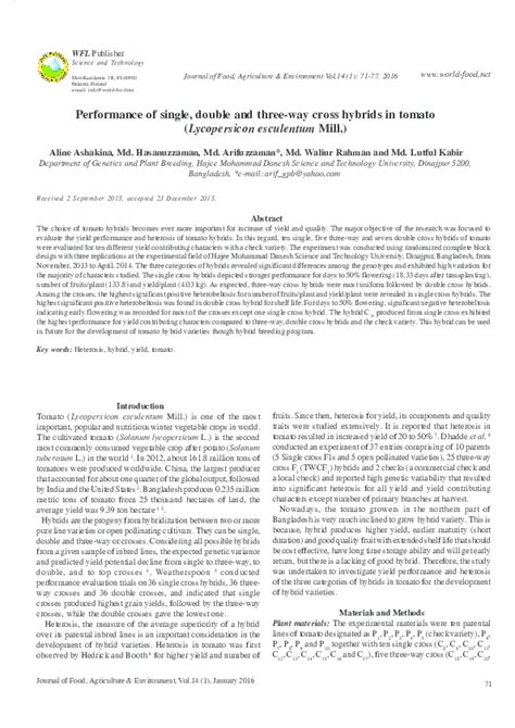 Pdf Performance Of Single Double And Three Way Cross Hybrids In Tomato Lycopersicon
