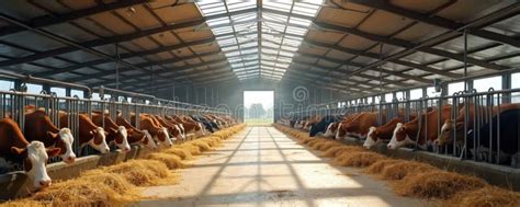 Modern Barn Interior With Many Cows Eating Hay From Long Trough Cattle